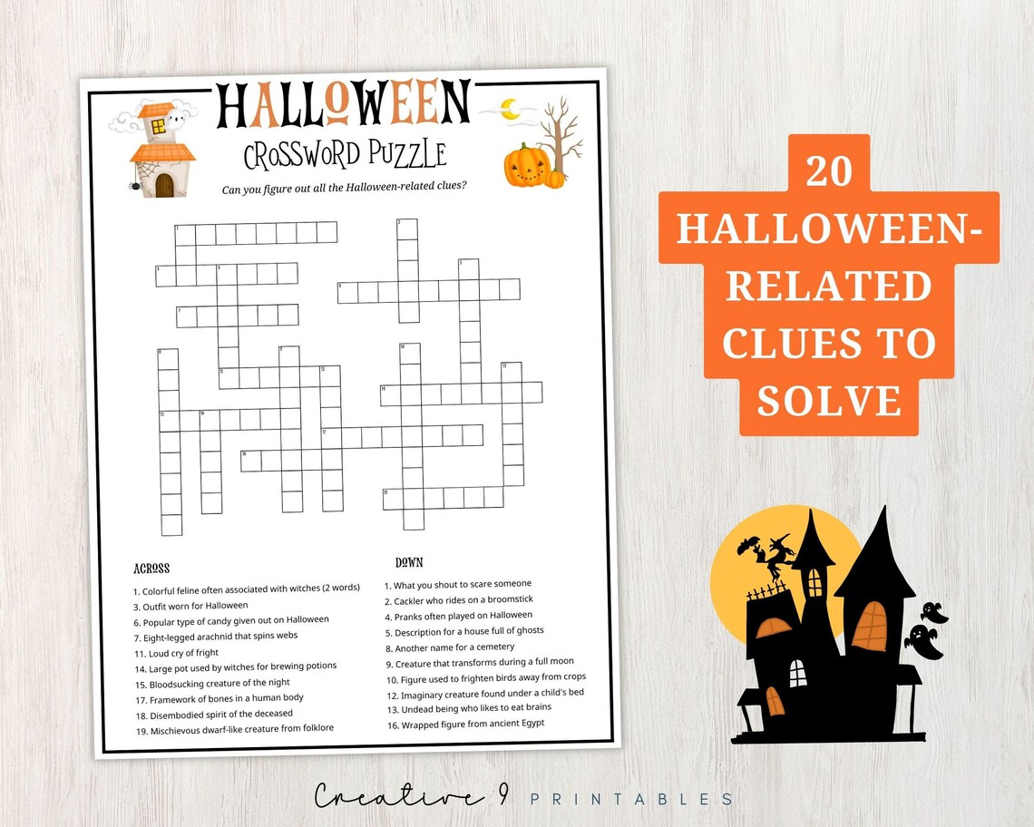 Halloween Crossword Puzzle for Kids and Adults, Fun Printable Halloween ...