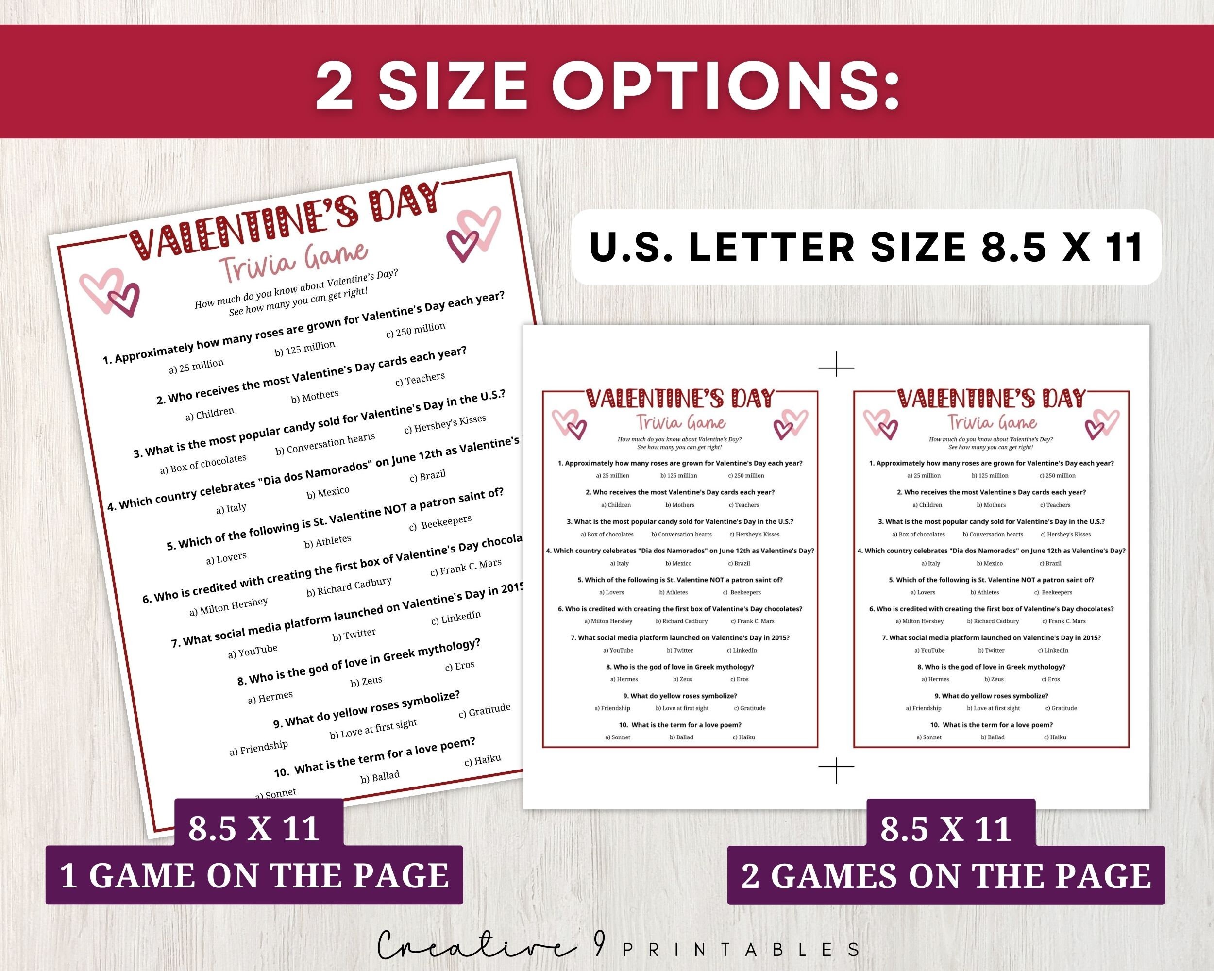 Valentine's Day Trivia Printable Game for Kids and Adults, 10 Fun ...
