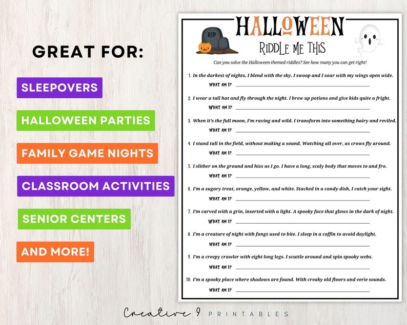 Halloween Riddle Me This Printable Game for Kids, 10 Fun Puzzles for ...