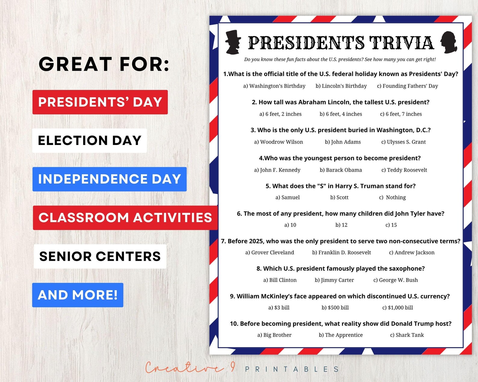 Presidents' Day Trivia Printable Game for Adults and Kids, 10 Fun Facts ...