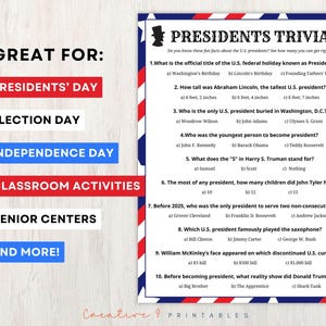 Presidents' Day Trivia Printable Game for Adults and Kids, 10 Fun Facts ...