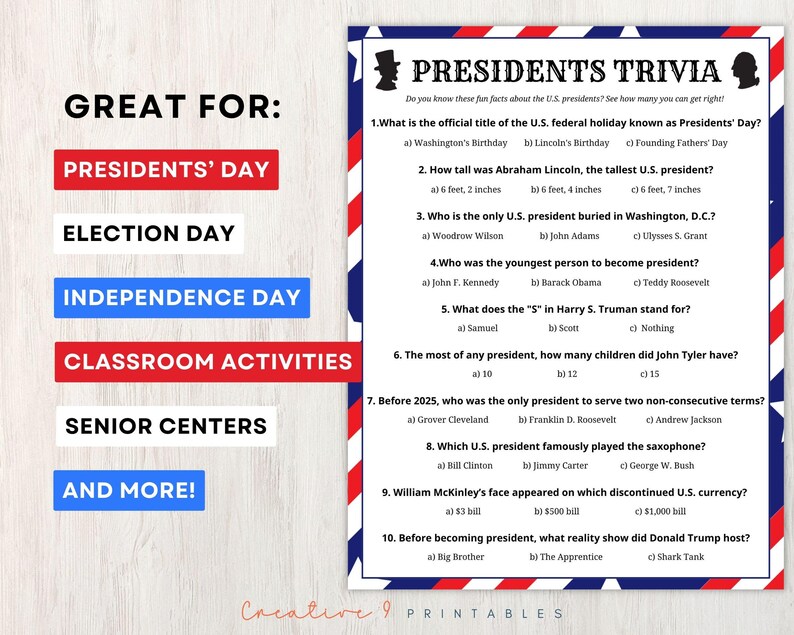 Presidents' Day Trivia Printable Game for Adults and Kids, 10 Fun Facts ...