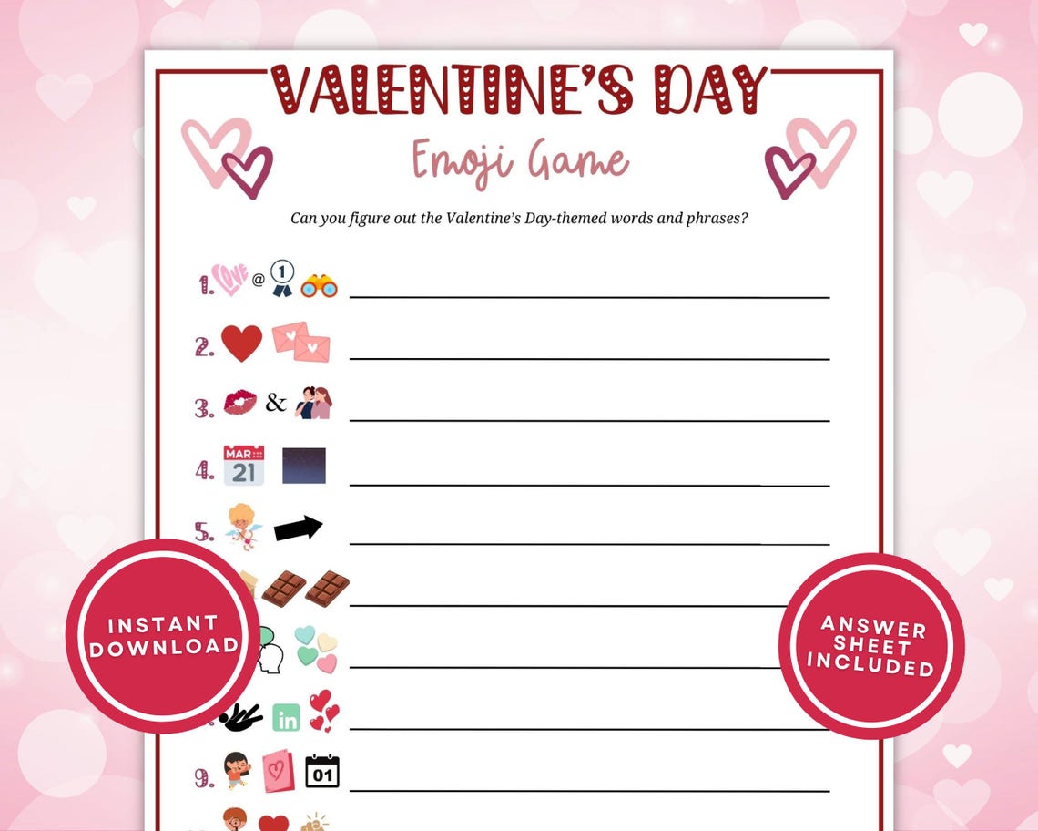 Valentine Emoji Game for Kids and Adults, Fun Printable Valentine ...