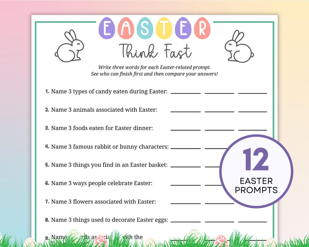Easter Think Fast Printable Game, Think Quick Icebreaker Activity, Fun ...