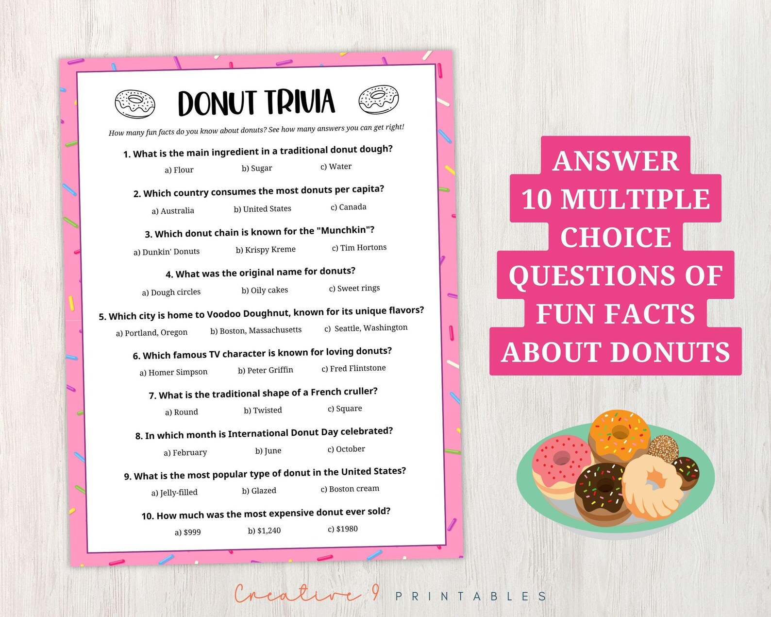 Donut Trivia Printable Game for Kids and Adults, 10 Doughnut Questions ...