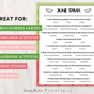 June Trivia Printable Game for Kids and Adults, 10 Fun Facts Quiz ...
