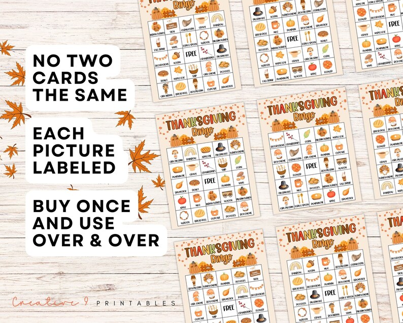 30 Printable Thanksgiving Bingo Cards for Kids and Adults, Thanksgiving ...