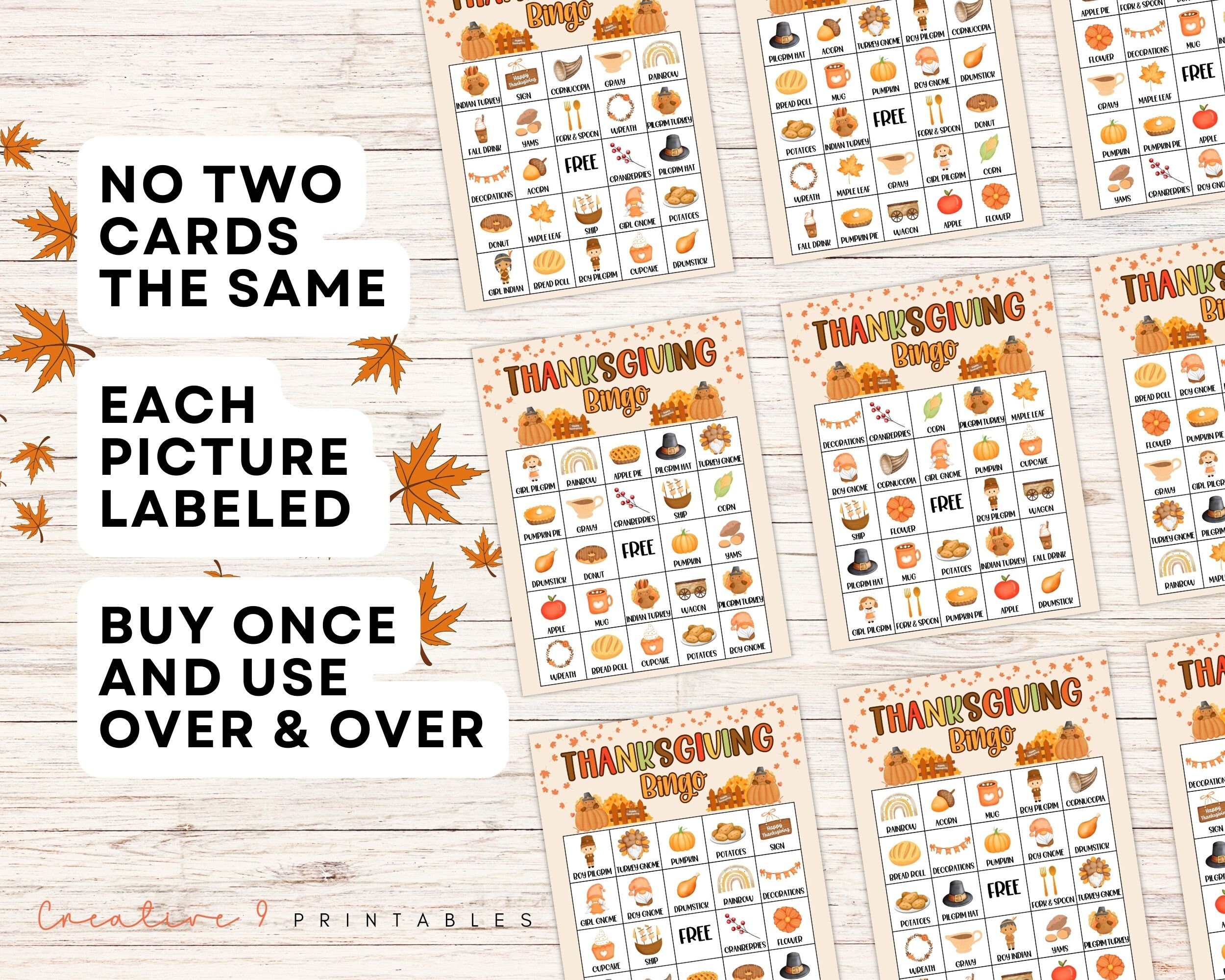 30 Printable Thanksgiving Bingo Cards for Kids and Adults, Thanksgiving ...