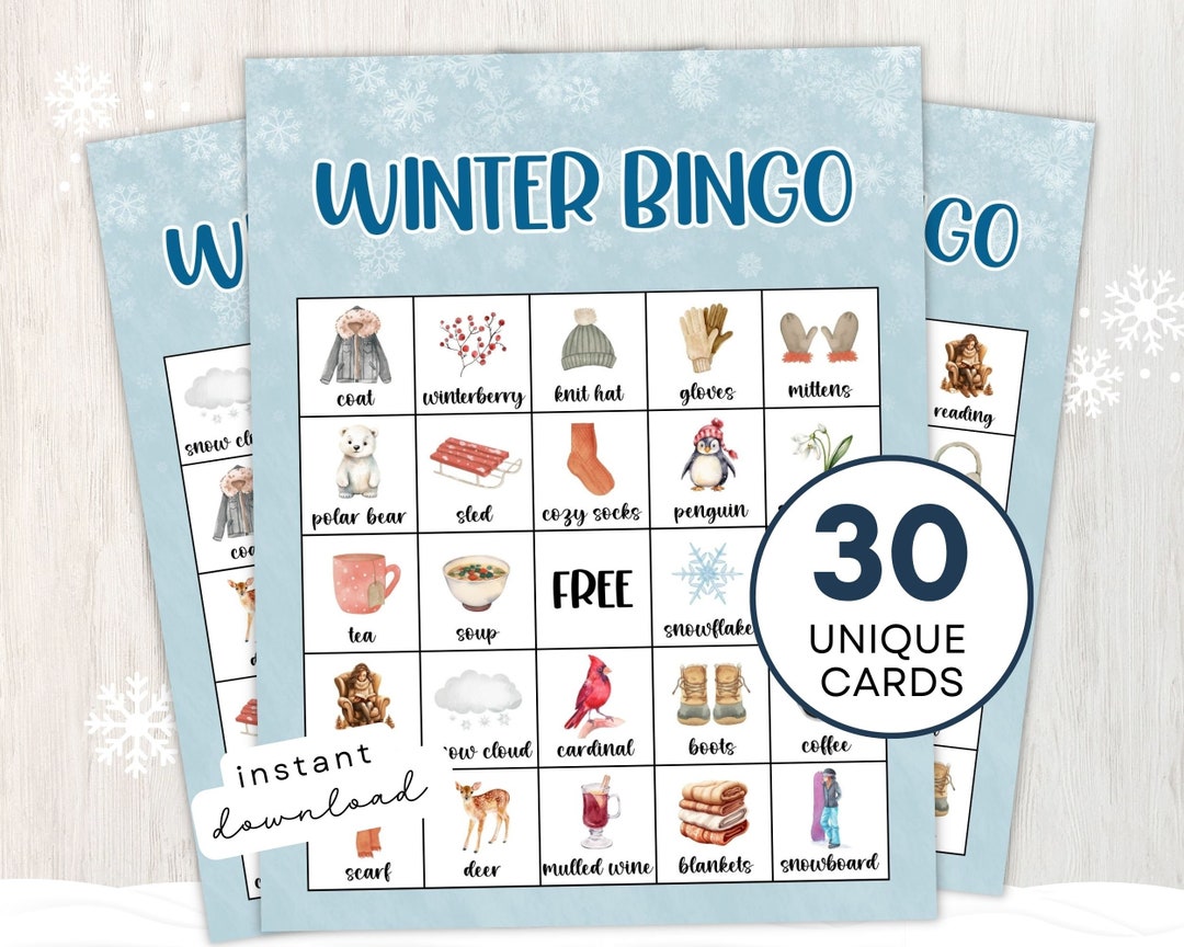 Winter Bingo Printable Game for Kids, Adults, and Seniors, 30 Bingo ...