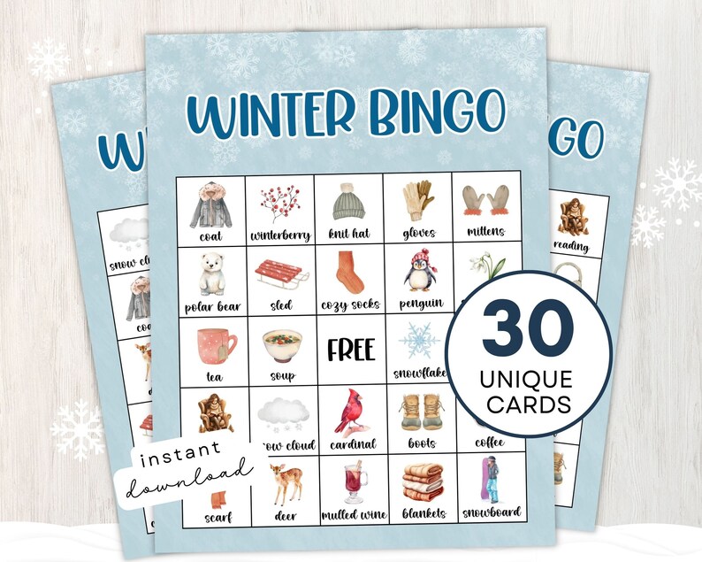 Winter Bingo Printable Game for Kids, Adults, and Seniors, 30 Bingo ...