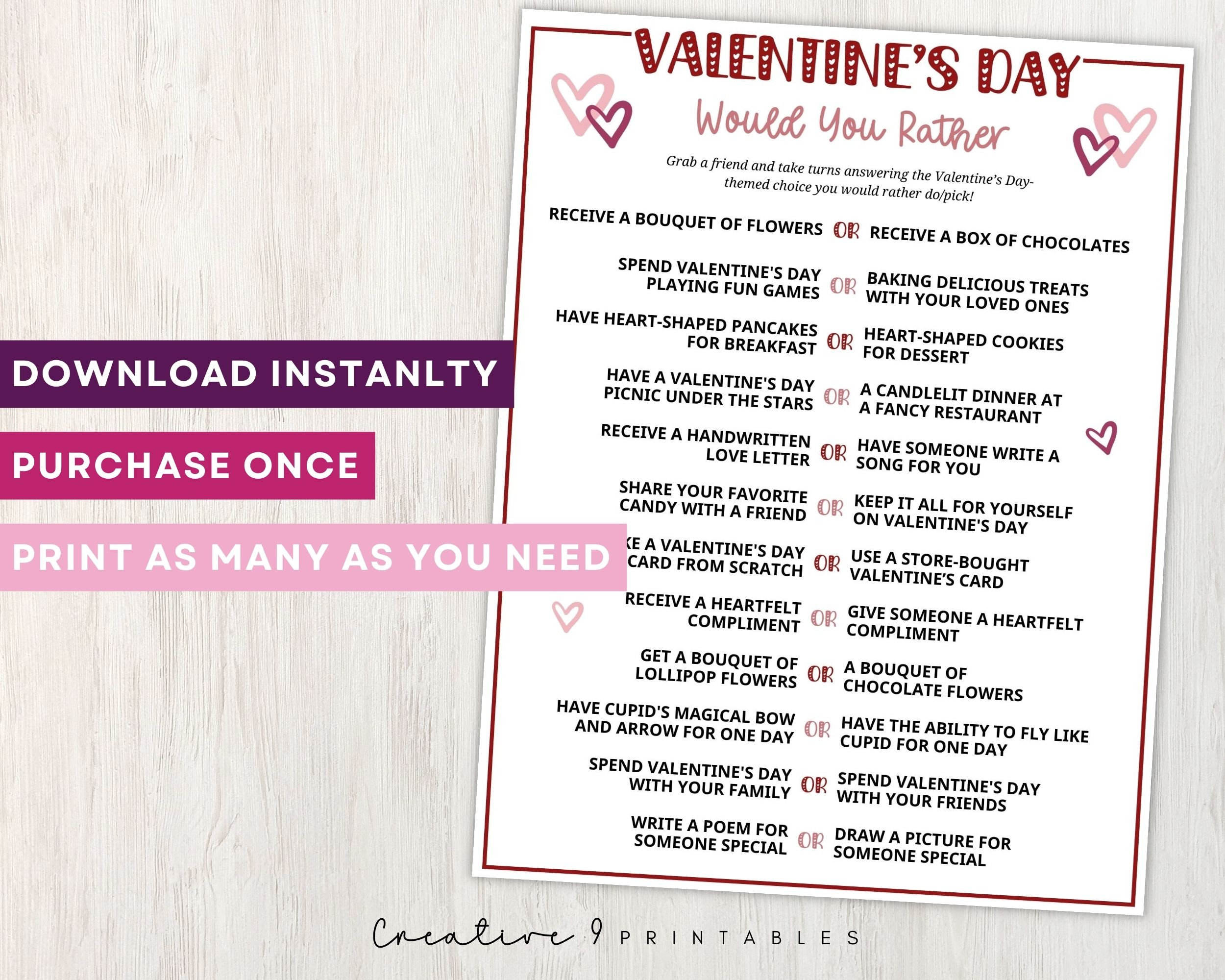 Would You Rather Valentine's Day Game for Kids and Adults, Printable ...