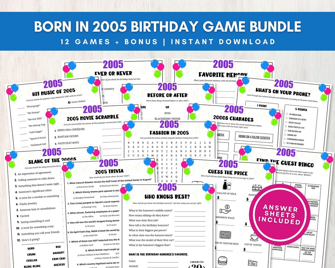 Born in 2005 Trivia Bundle, 20th Birthday Party Games W/ Answers, Fun ...