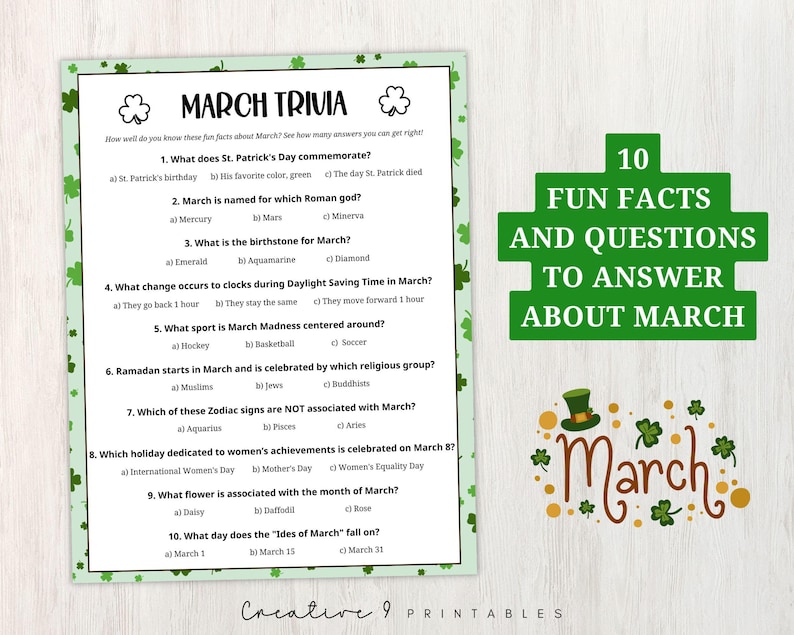 March Trivia Printable Game for Kids and Adults, 10 Fun Facts Quiz ...