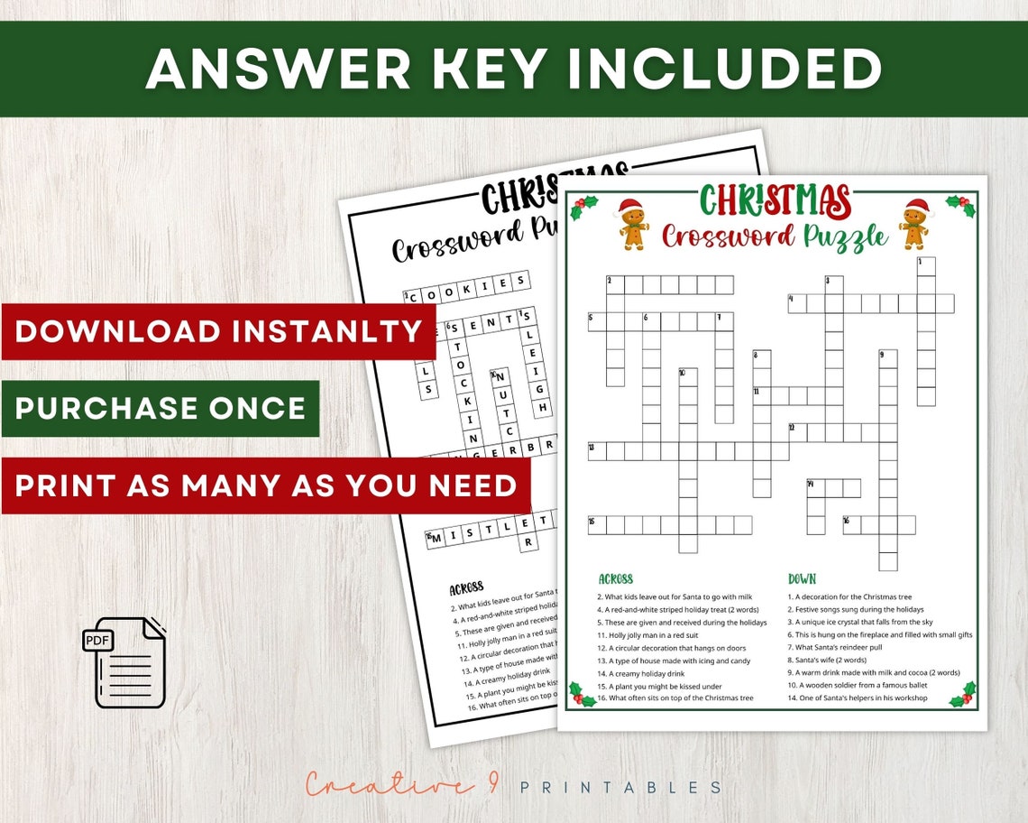 Printable Christmas Crossword Puzzle for Kids and Adults, Fun Christmas ...