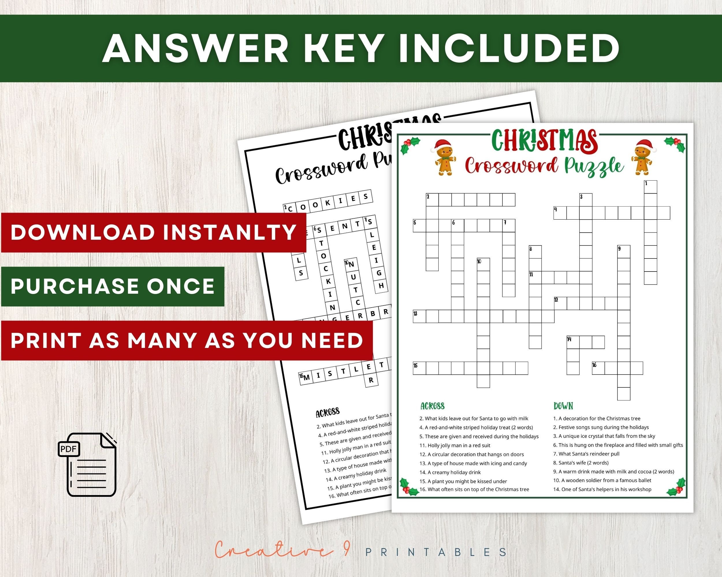Printable Christmas Crossword Puzzle for Kids and Adults, Fun Christmas ...