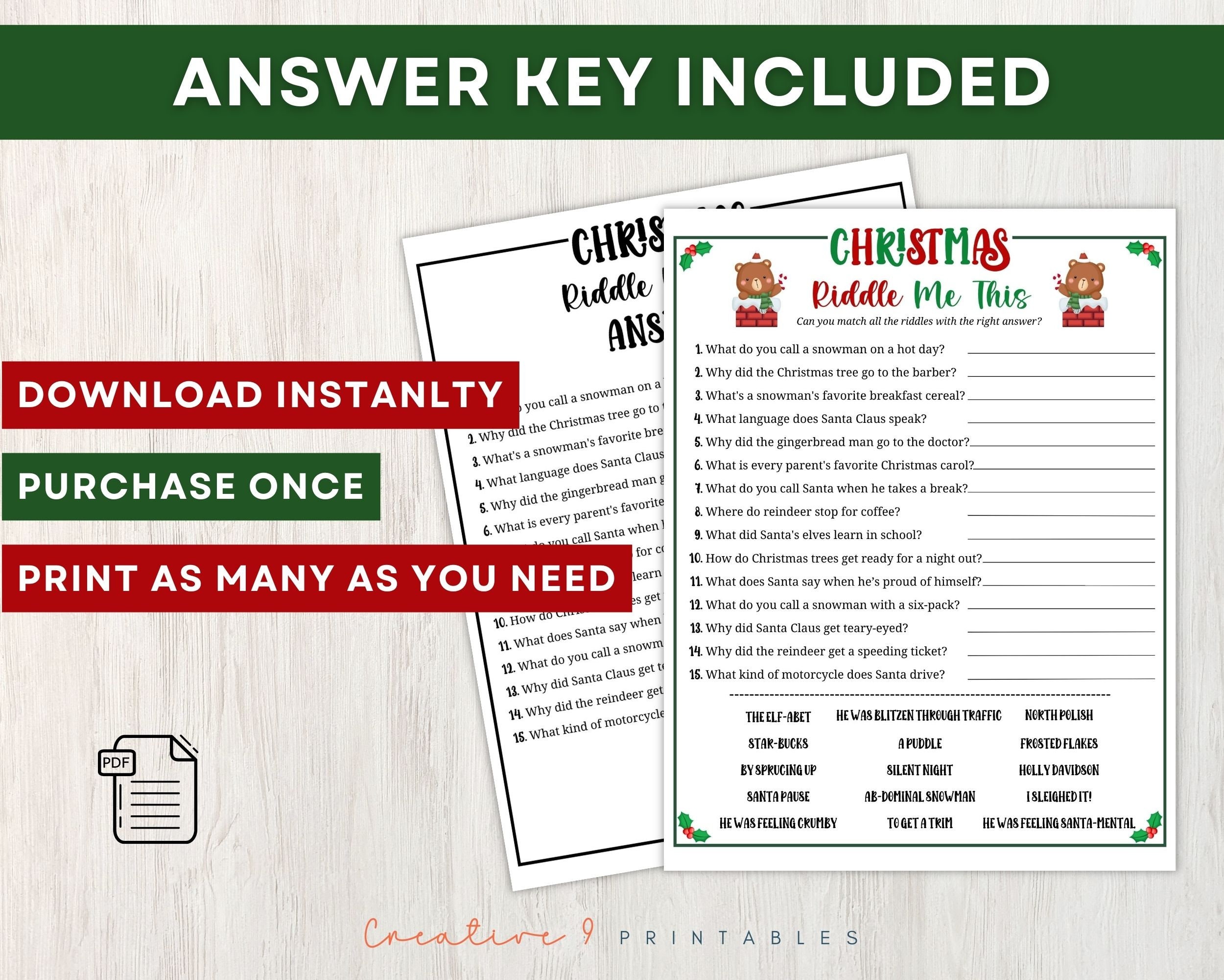 Printable Christmas Riddle Me This Game for Kids and Adults, 15 Funny ...