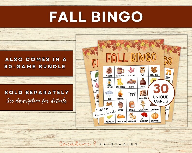Printable Fall Bingo Game for Kids and Adults, 50 Bingo Cards and Bonus ...