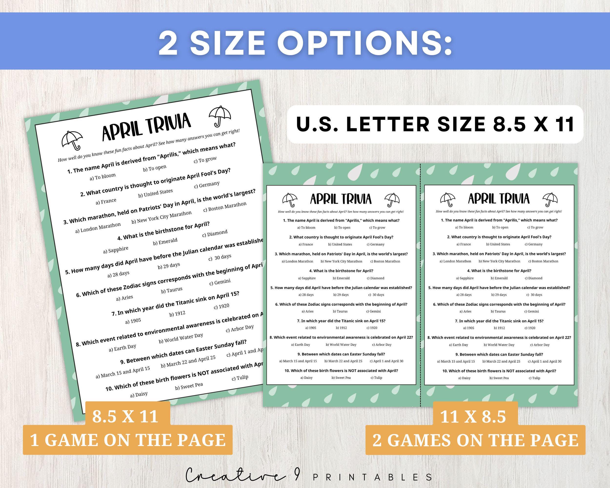 April Trivia Printable Game for Kids and Adults, 10 Fun Facts Quiz ...