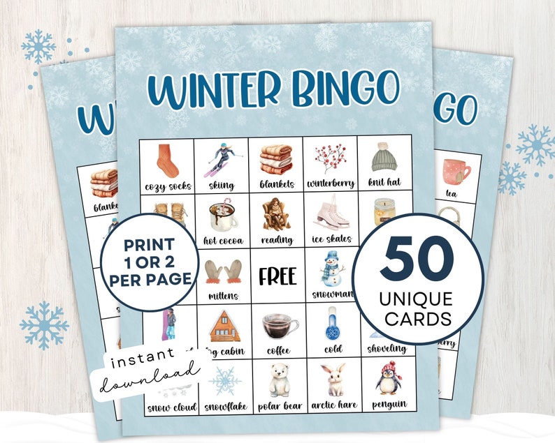 Printable Winter Bingo Game for Kids and Adults, 50 Bingo Cards and ...