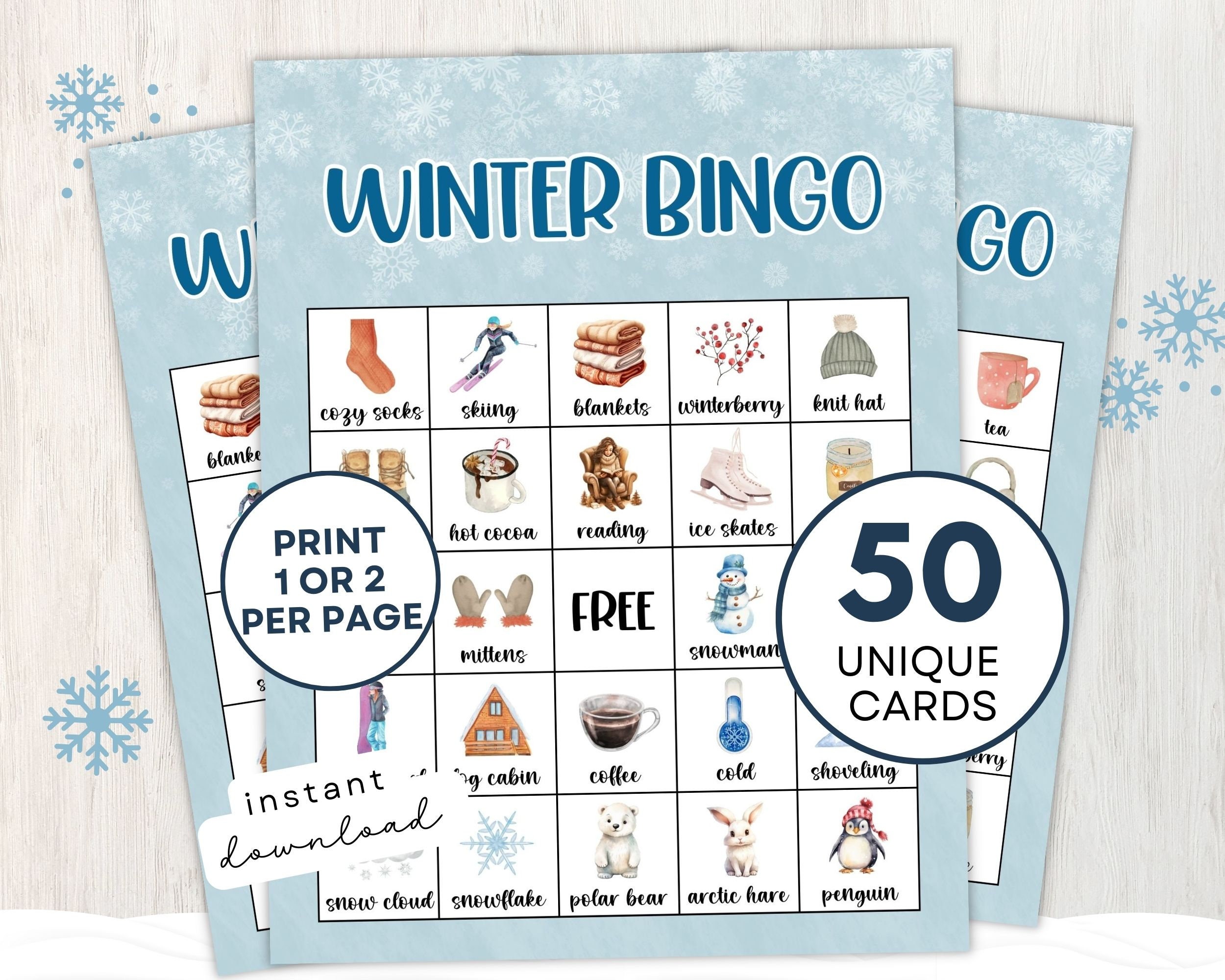 Printable Winter Bingo Game for Kids and Adults, 50 Bingo Cards and ...