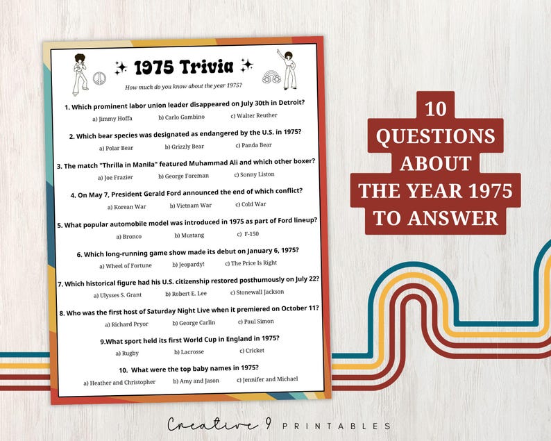 1975 Trivia With Answers, Printable 50th Birthday, Reunion, or Anniversary Party Game, 10 Fun ...