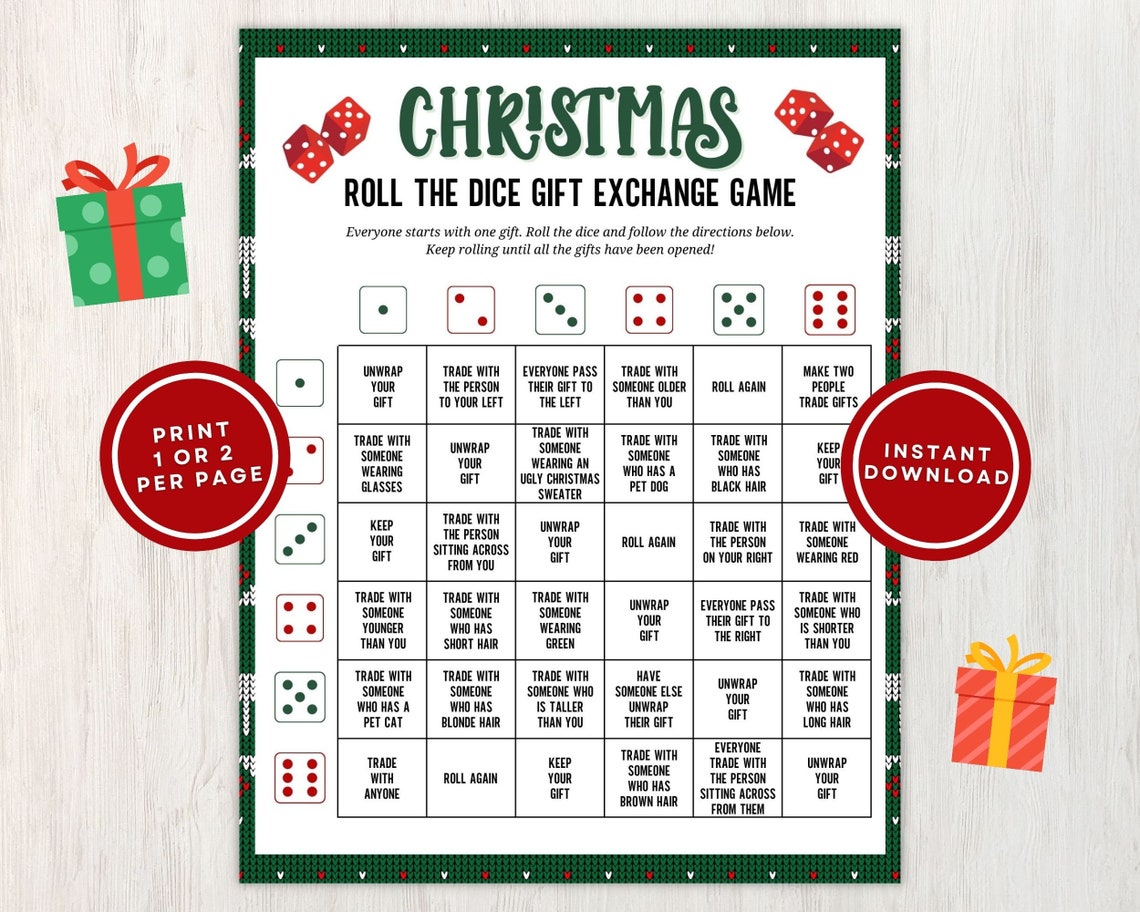Printable Christmas Gift Exchange Dice Game for Adults, Fun Group Roll ...