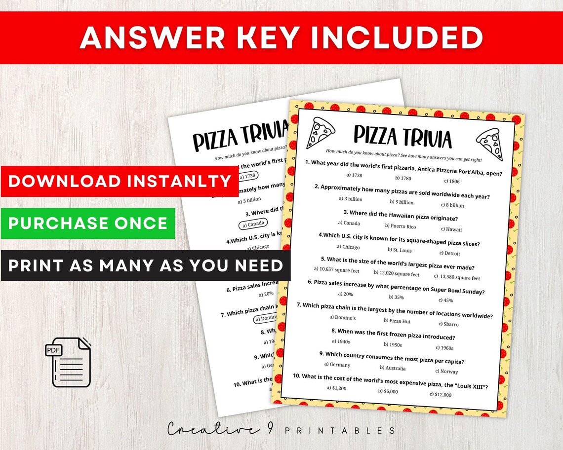 Pizza Trivia Printable Game for Kids and Adults, 10 Pizza Questions ...
