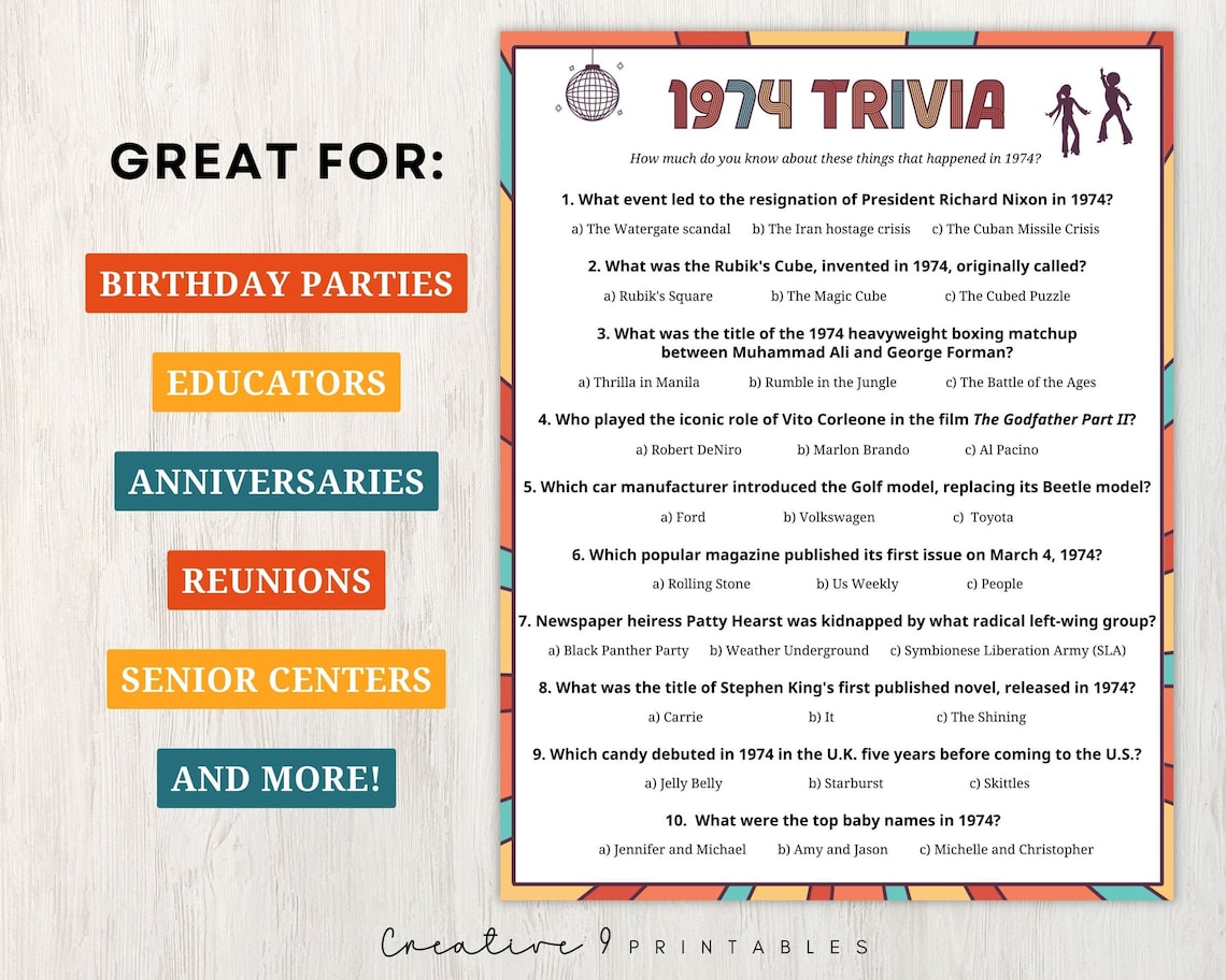 1974 Trivia With Answers, Printable 51st Birthday, Reunion, or ...