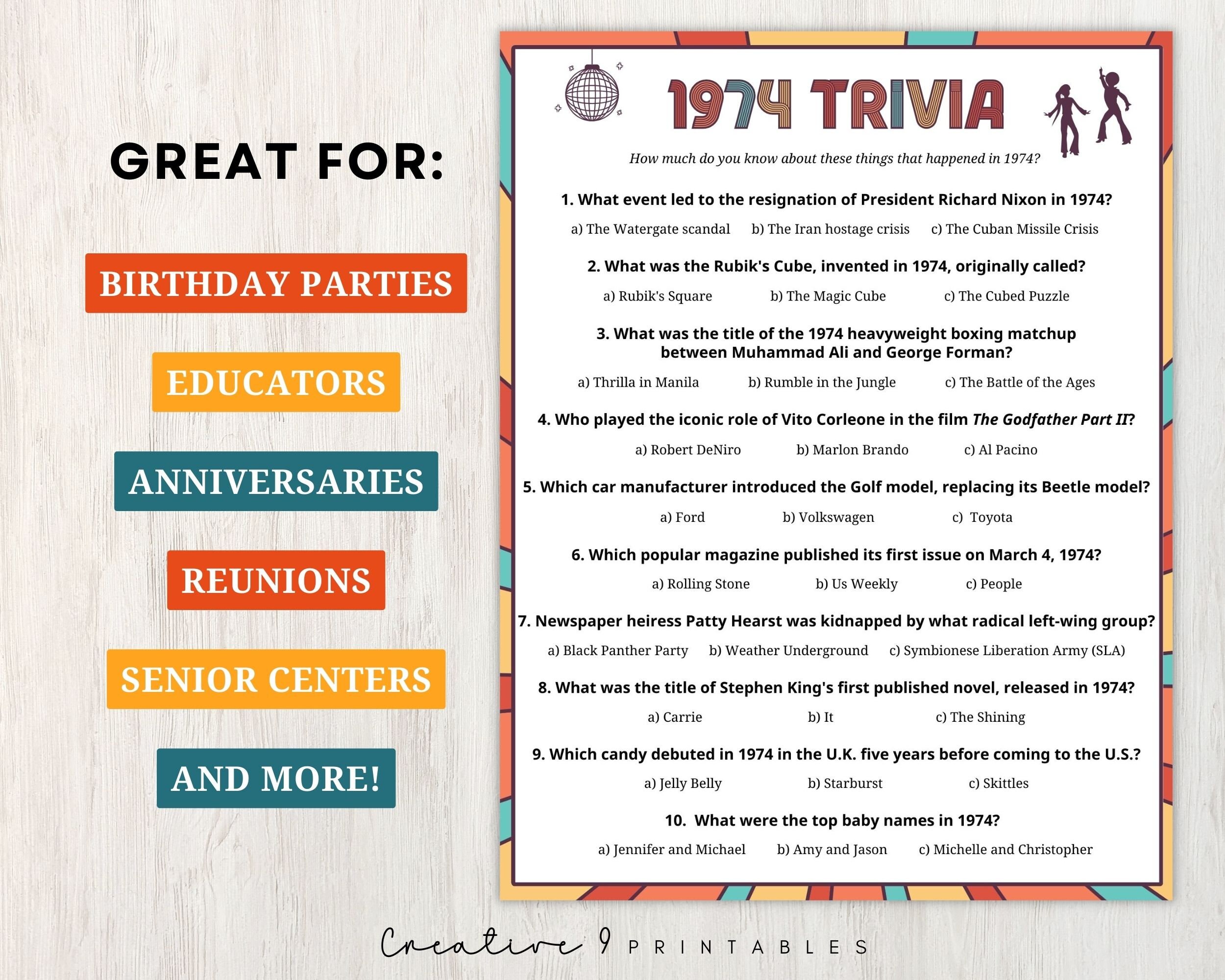 1974 Trivia With Answers, Printable 51st Birthday, Reunion, or ...