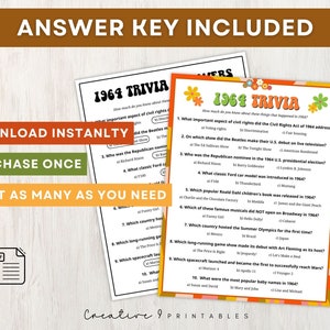 1964 Trivia With Answers, Printable 61st Birthday Party or Anniversary ...
