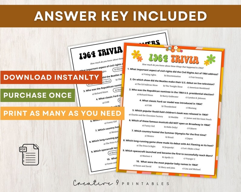1964 Trivia With Answers, Printable 61st Birthday Party or Anniversary ...