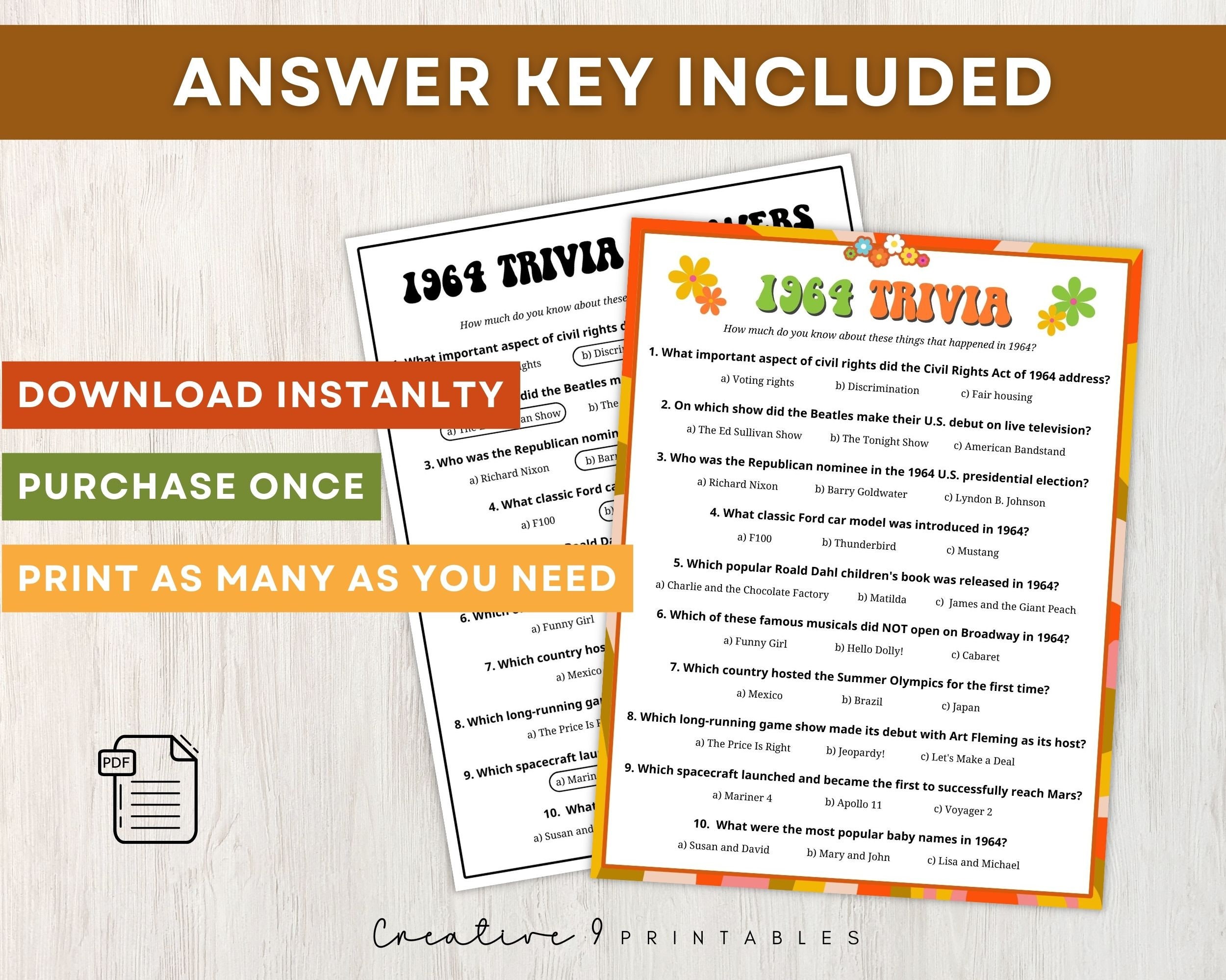 1964 Trivia With Answers, Printable 61st Birthday Party or Anniversary ...