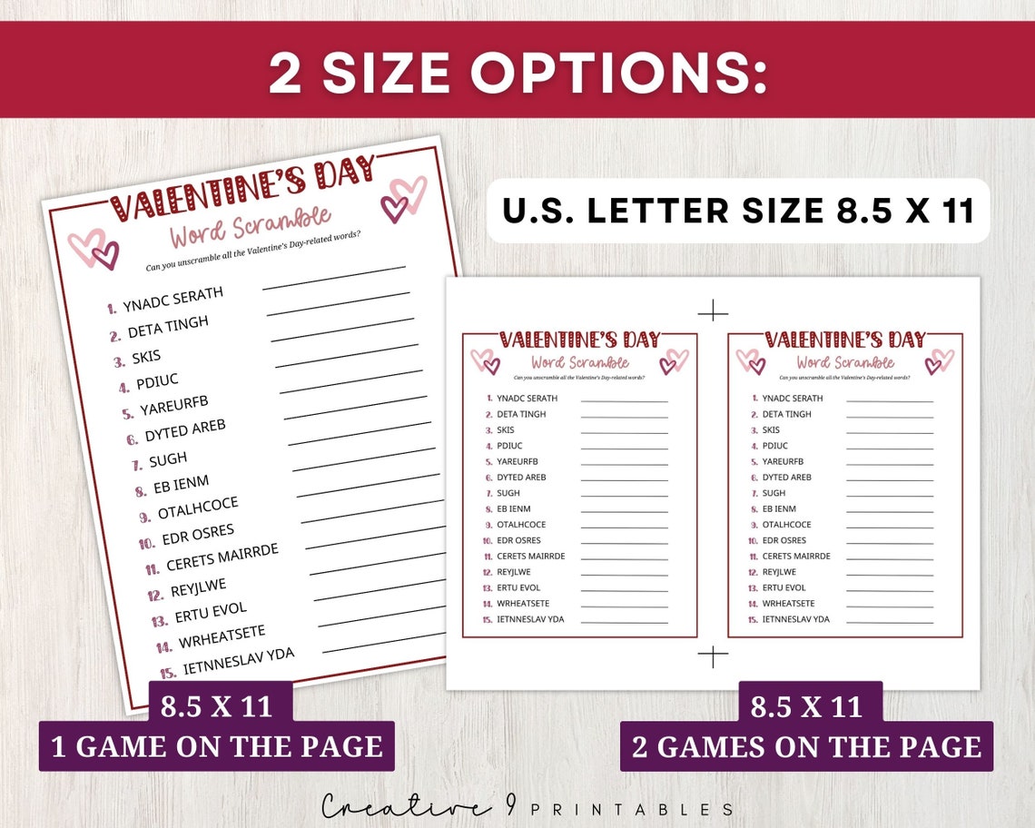 Printable Valentine Word Scramble Game for Kids and Adults, 15 ...