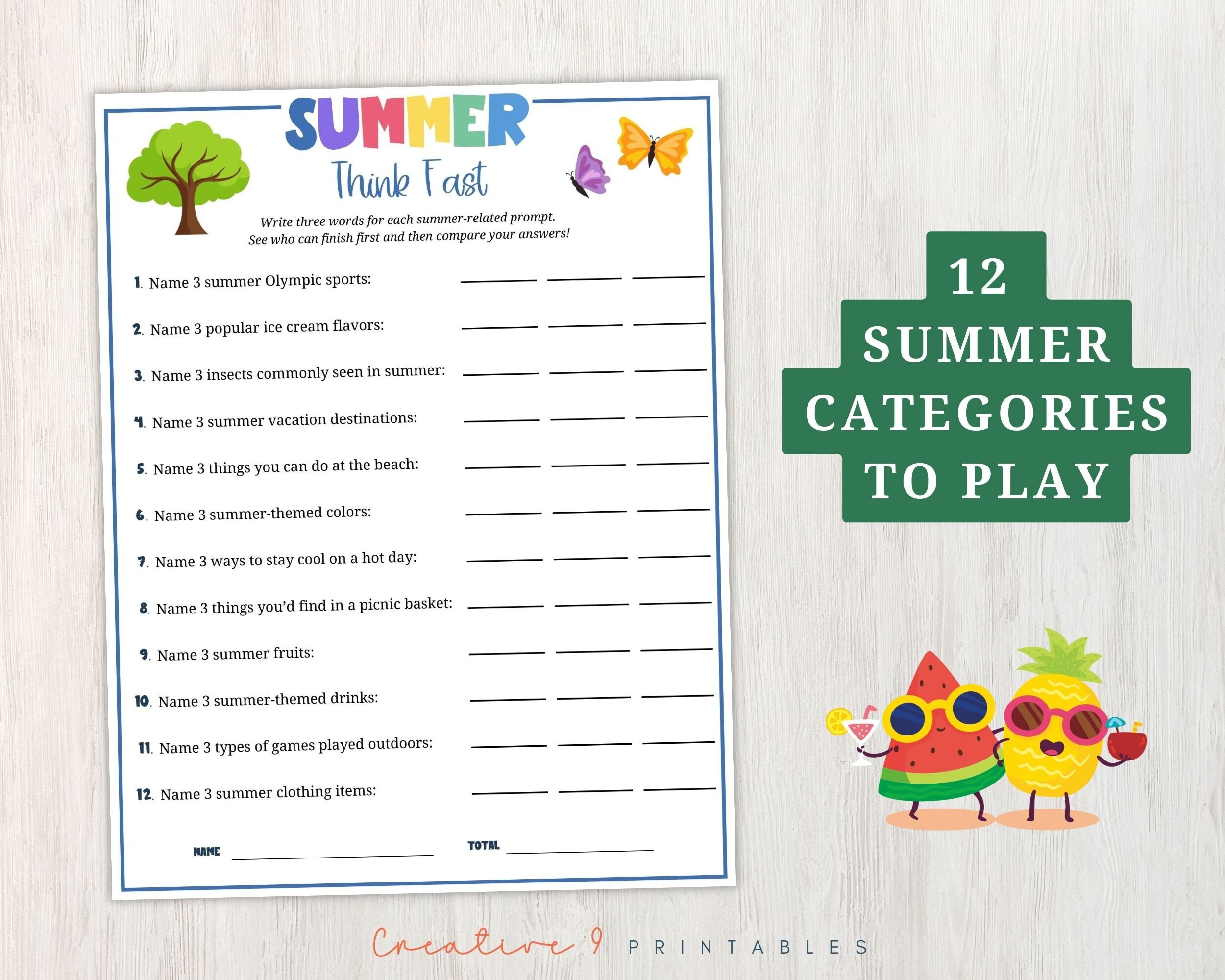 Summer Think Fast Printable Game for Kids and Adults, Think Quick ...