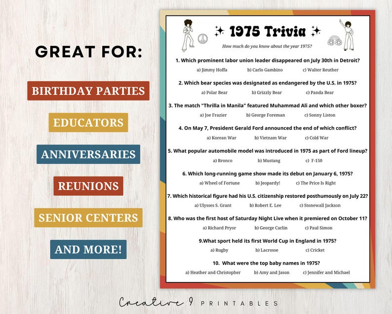 1975 Trivia With Answers, Printable 50th Birthday, Reunion, or ...