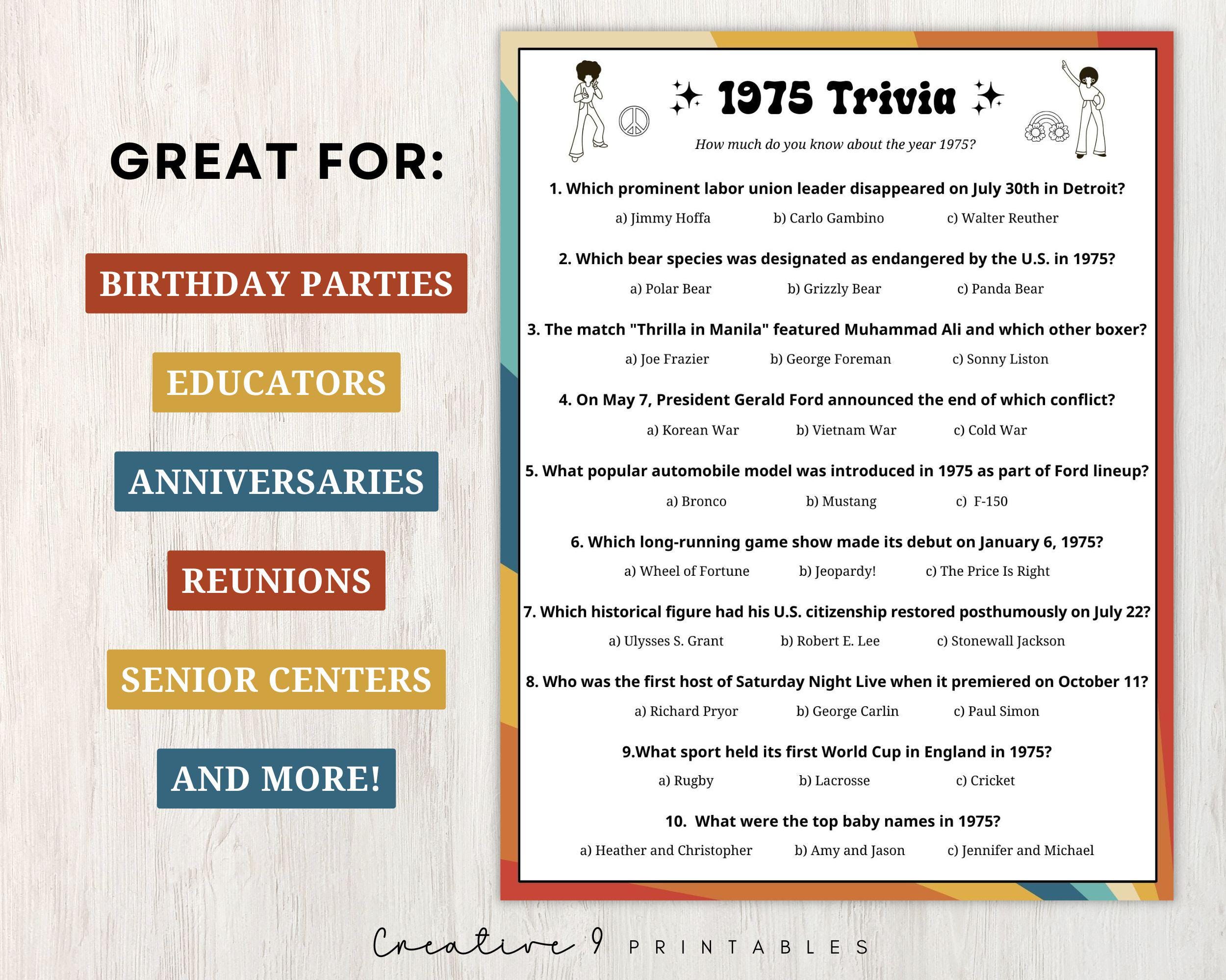 1975 Trivia With Answers, Printable 50th Birthday, Reunion, or ...