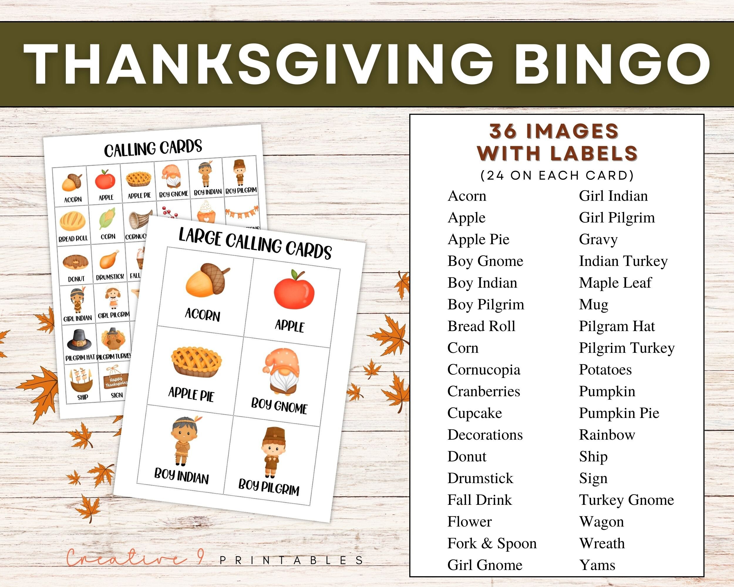 30 Printable Thanksgiving Bingo Cards for Kids and Adults, Thanksgiving ...