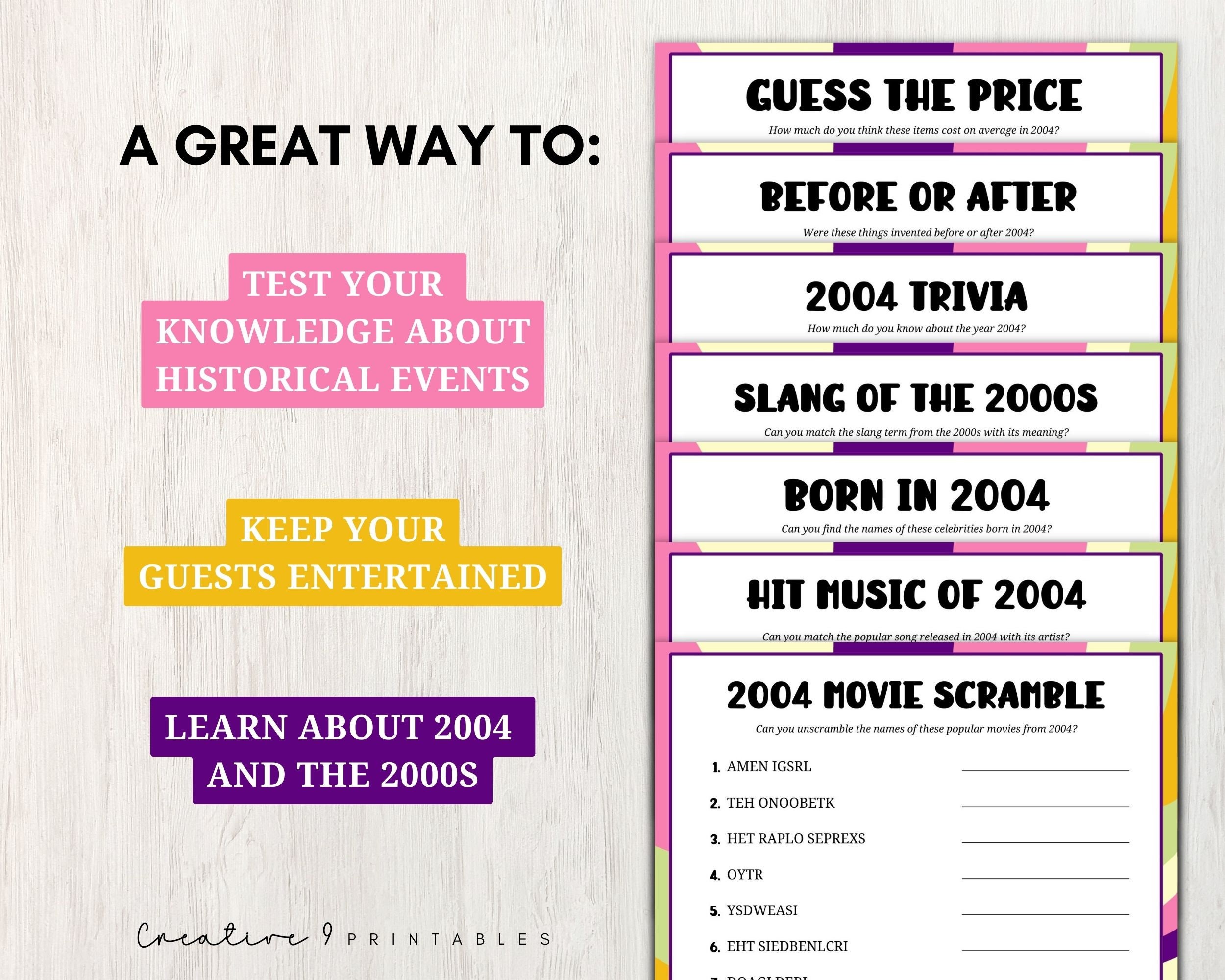 2004 Trivia Bundle for Adults and Kids, 7 Fun Printable 21st Party ...