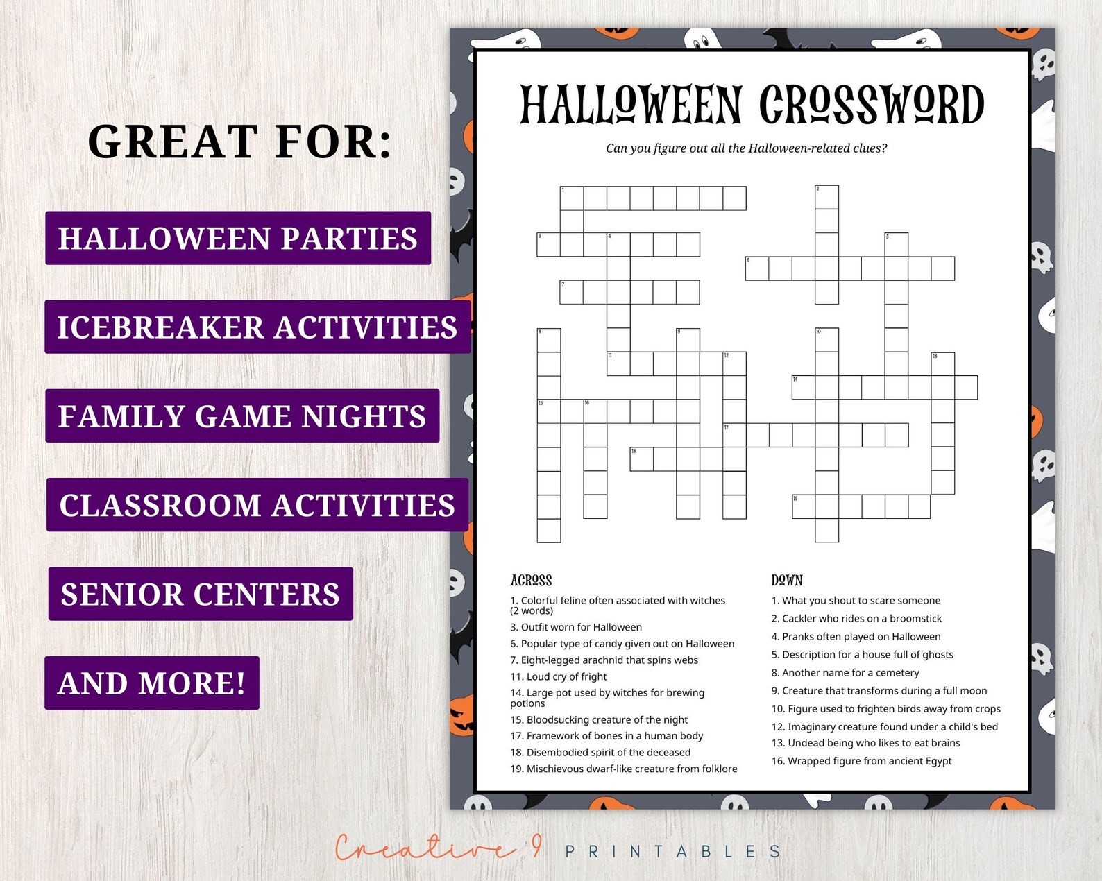 Halloween Crossword Printable Game for Kids and Adults, 20 Halloween ...