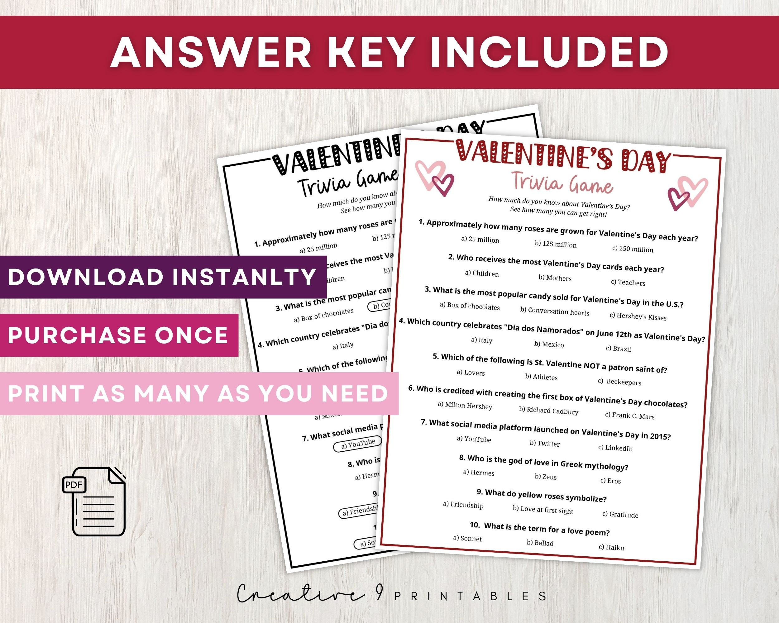 Valentine's Day Trivia Printable Game for Kids and Adults, 10 Fun ...