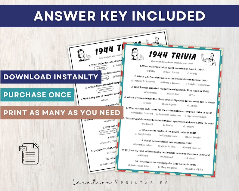 1944 Trivia With Answers, Printable 81st Birthday Game, 10 Fun Quiz ...