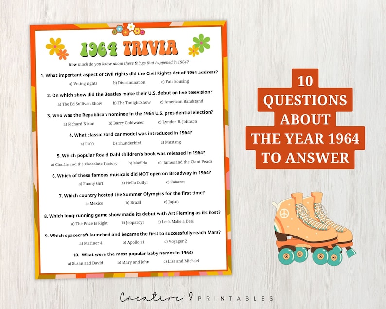 1964 Trivia With Answers, Printable 61st Birthday Party or Anniversary ...