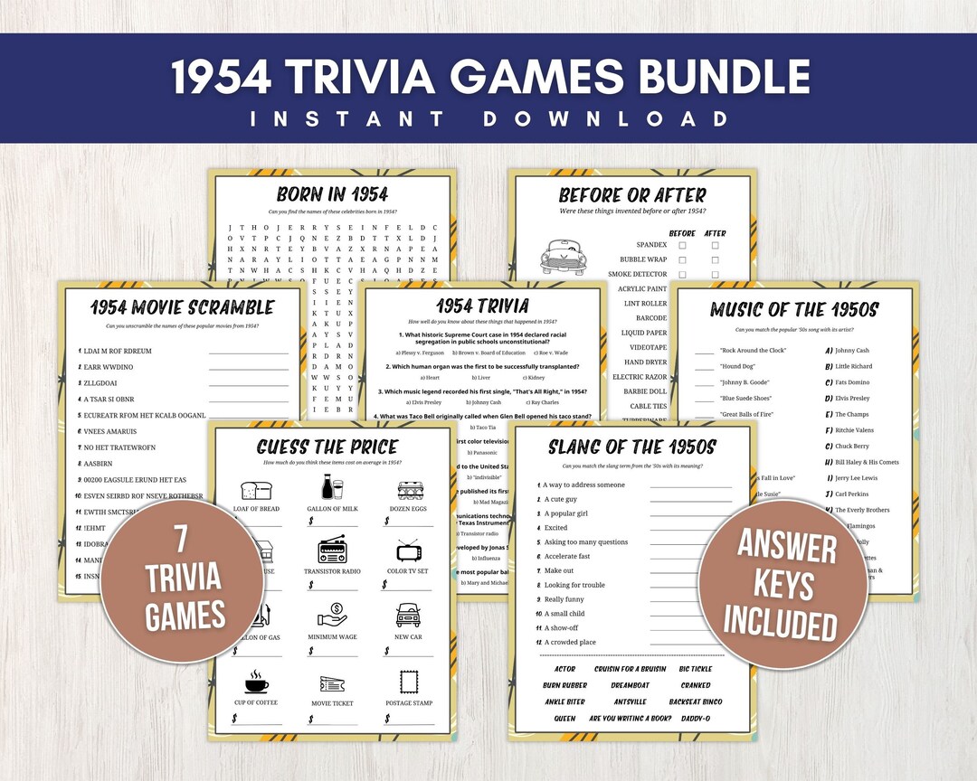 1954 Trivia Game Bundle for Adults, 71st Birthday Party Games With ...