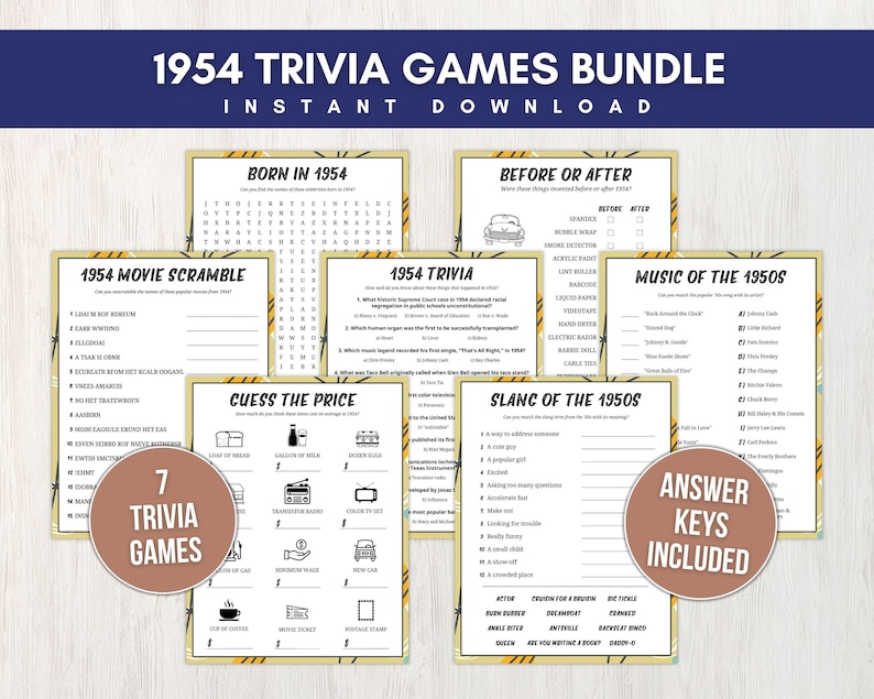 1954 Trivia Game Bundle for Adults, 71st Birthday Party Games With ...