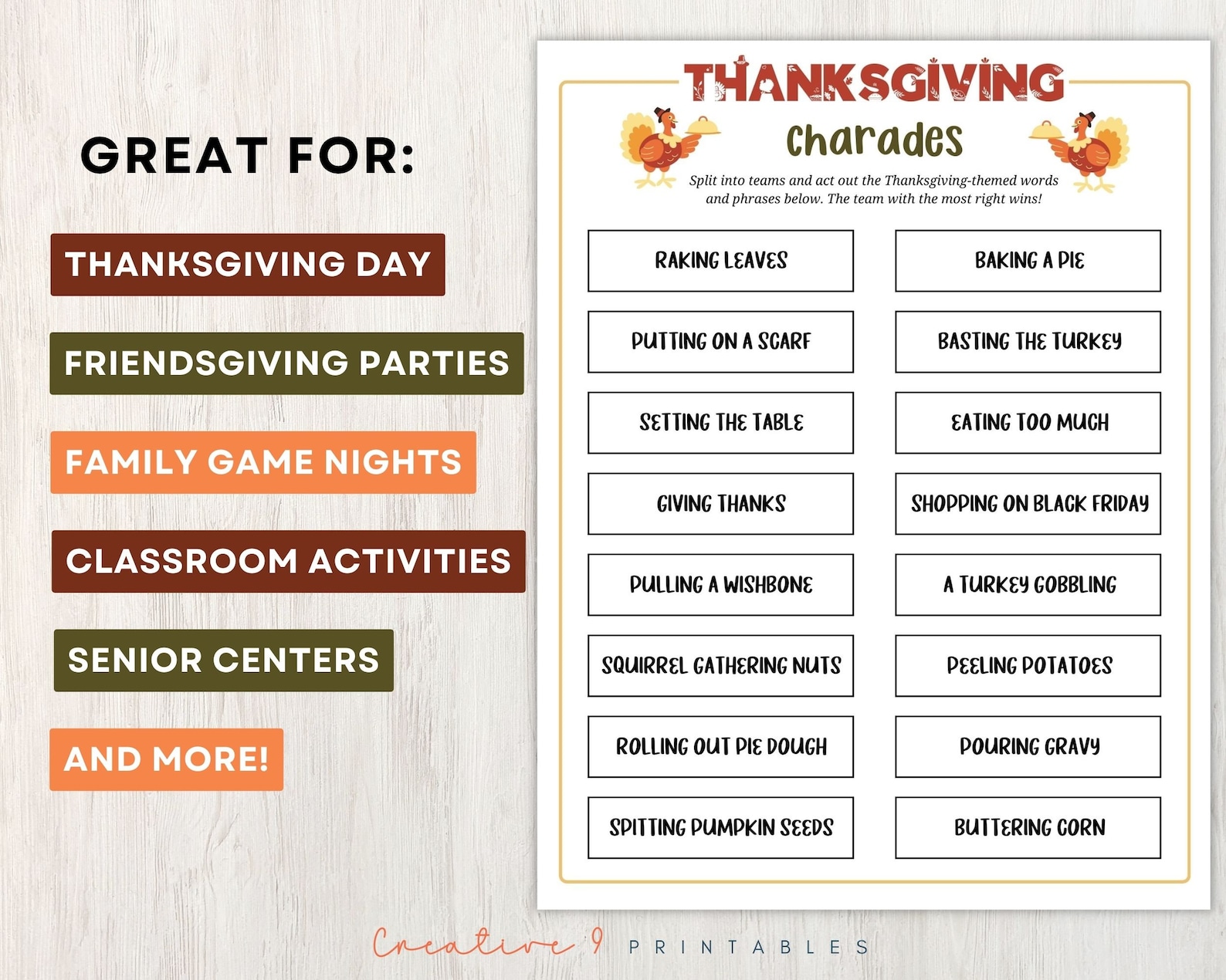 Printable Thanksgiving Charades Game for Kids, 30 Prompts With ...