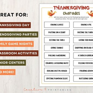 Printable Thanksgiving Charades Game for Kids, 30 Prompts With ...
