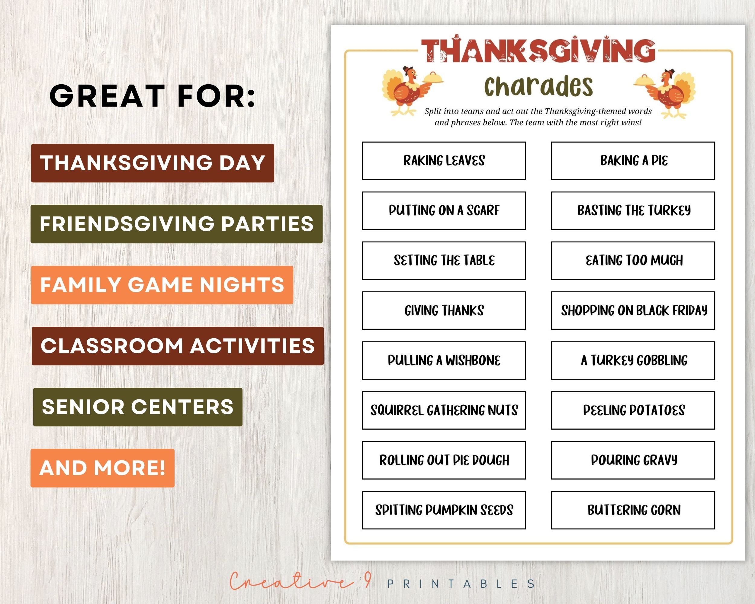 Printable Thanksgiving Charades Game for Kids, 30 Prompts With ...