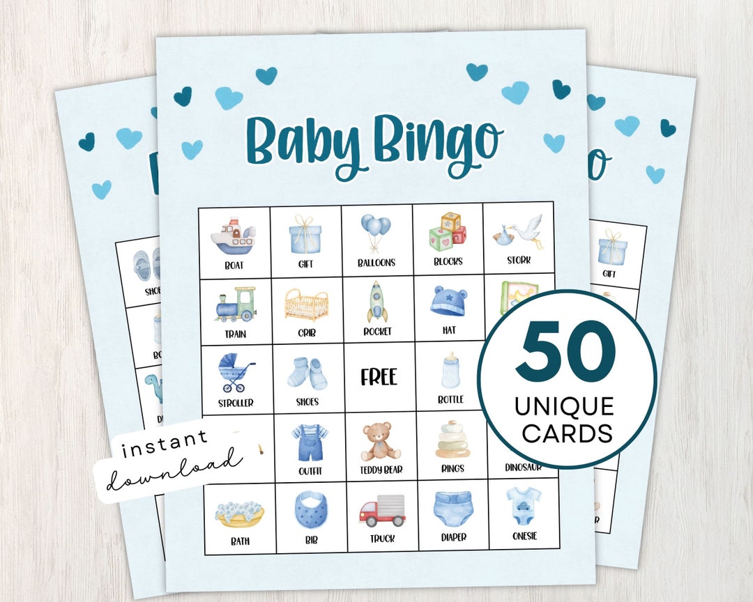 Baby Boy Bingo Printable Game, 50 Blue Baby-themed Unique Cards With ...