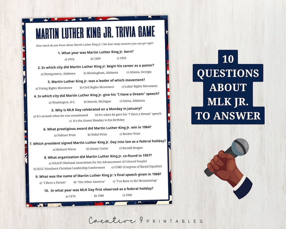 Printable Martin Luther King Trivia Game for Kids and Adults, 10 MLK ...