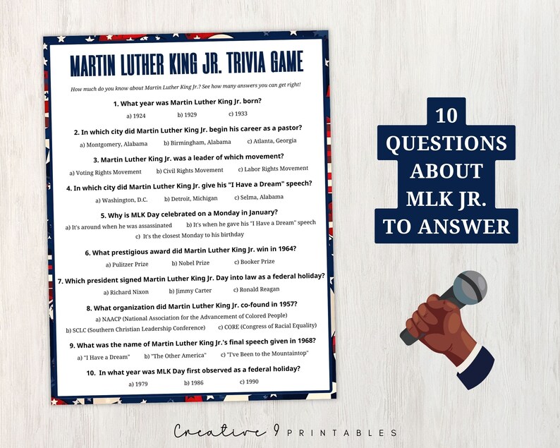 Printable Martin Luther King Trivia Game for Kids and Adults, 10 MLK ...